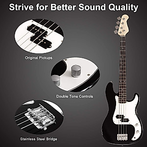 OLAKIDS Electric Bass Guitar Beginner Kit Full Size 4 String Exquisite Paulownia Burning Bass with Strap, Gig Bag, Amp Cord and Accessories (Black)