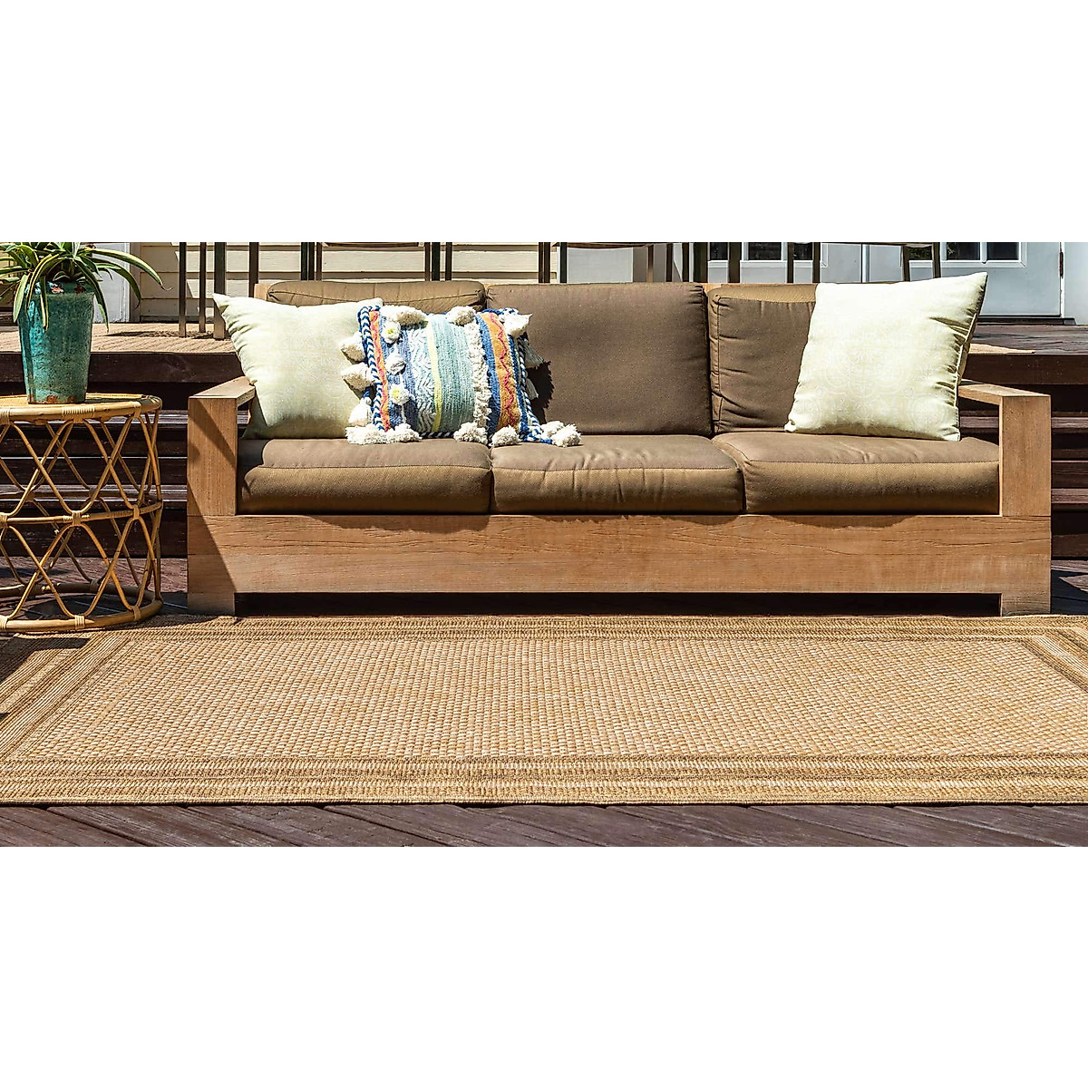 Unique Loom Outdoor Border Collection Area Rug - Multi Border (4' 1" x 6' 1" Rectangle, Tan/ Light Brown)