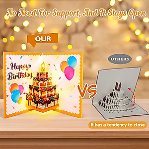 FITMITE Birthday Cards, Musical Pop Up Birthday Cards with Light, Blow Out LED Light Candle and Play Happy Birthday Music Pop Up Card, 90 Degree Vertical Cake Greeting Card, Birthday Gifts for Women