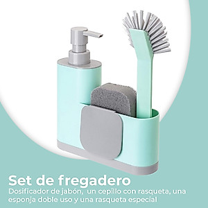 Vigar Rengo Monobloc 4-piece Sink Caddy Set, Includes Scrub Brush, Two-sided Sponge, Soap Dispenser and Scraper, Turquoise