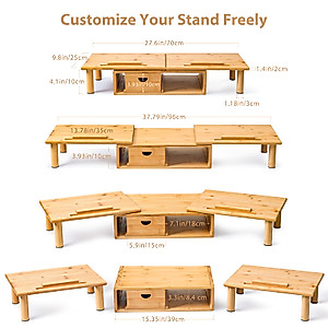 ROCDEER Dual Monitor Stand Riser with Drawer for Desk Laptop Desk Shelf with Adjustable Length and Angle, Bamboo Computer Stand Riser for 2 or 3 Monitors Screen Laptop PC TV -Natural