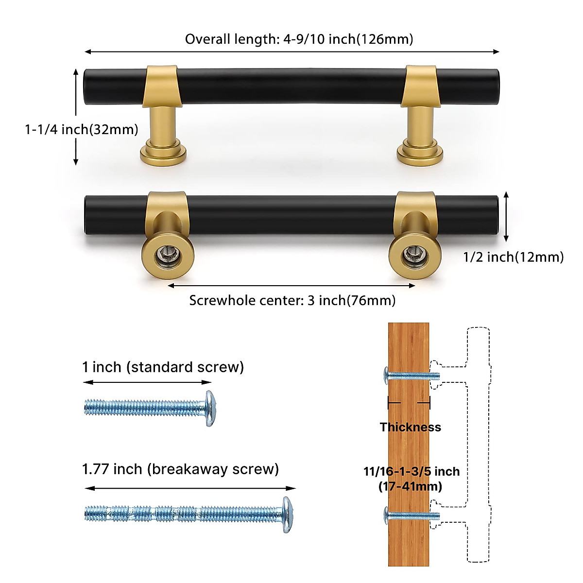 Haliwu 10 Pack Black Cabinet Pulls Black&Gold Cabinet Handles, Barrel Gold Dresser Drawer Pulls for Kitchen Hardware,3 inch