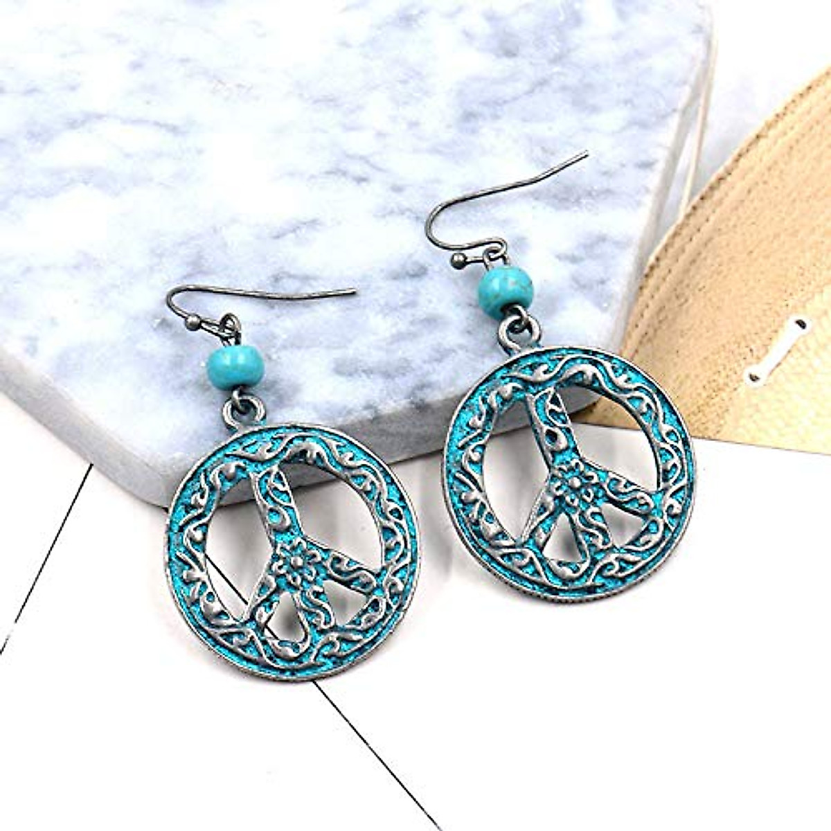 Antique Vintage Bronze Round Peace Love Sign Symbol Hook Earring Carving Filigree Flower Drop Earring Women Jewelry (Retro Blue)