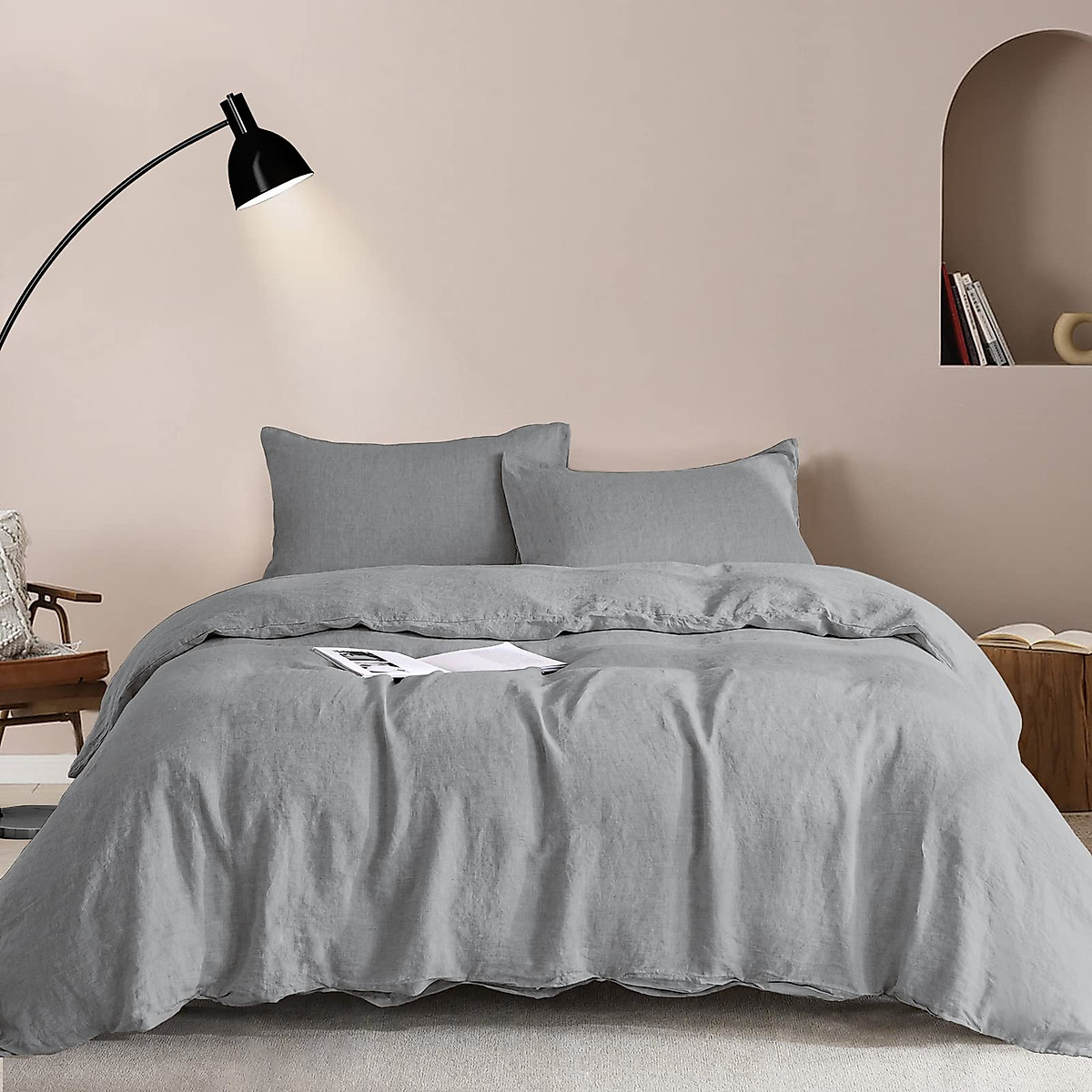 GHUIPRO 100% Linen Duvet Cover Set Queen Size, Pure Natural Washed Linen-3 Pieces Comforter Cover Set, 1 Duvet Cover 2 Pillowcases Comfy Breathable for Hot Sleepers ((Linen, Queen)