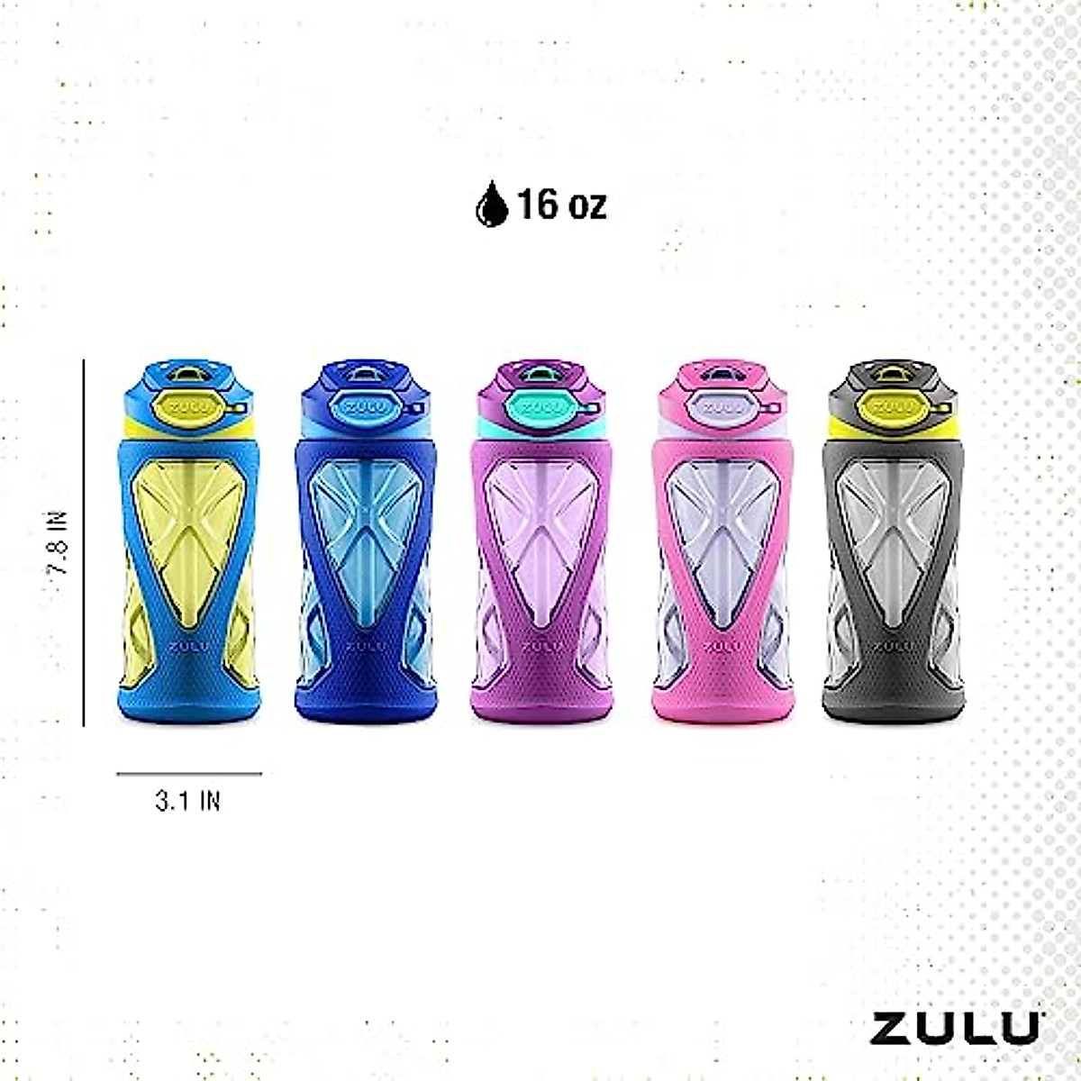 ZULU Torque 16oz Plastic Kids Water Bottle with Silicone Sleeve and Leak-Proof Locking Flip Lid, Soft Touch Carry Loop for School Backpack, Lunchbox, BPA-Free Dishwasher Safe, Mojo Blue