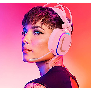 Moddi PC Gaming Headphones, 7.1 Stereo Surround Sound Headset with Noise Cancelling Microphone, USB Plug for Desktop, Computers Pink