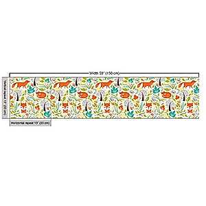 Ambesonne Cartoon Fabric by The Yard, Wild Fox Wolf with Leaves Flowers and Leafless Trees Print, Decorative Fabric for Upholstery and Home Accents, 1 Yard, Orange Green and Blue