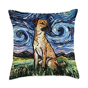 Sagittarius Gallery Black Mouth Cur Starry Night Dog Animal Art by Aja Throw Pillow, 18x18, Multicolor