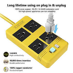 SAFEMORE 16.4FT Heavey Duty Extension Cord, GFCI Outlet Surge Protector with RCD Leakage Protector Power Strip, 15A/1650W 4 AC Outlets Circuit Breaker for Office/Garage/Home Essentials, (Yellow)