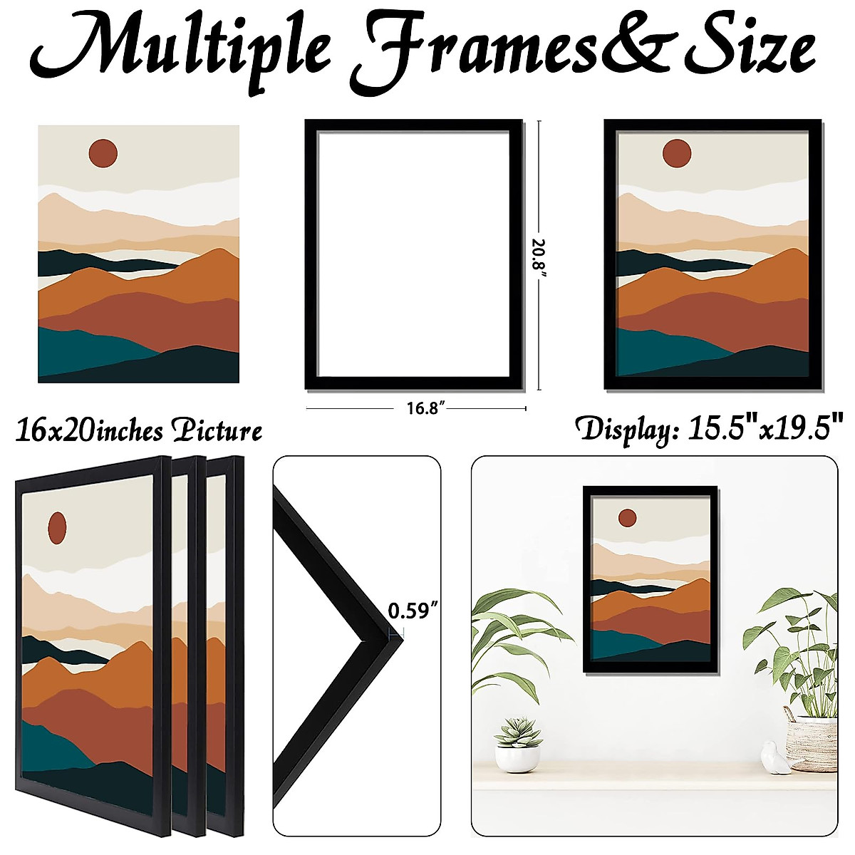 ijuerybai Black 16x20 Picture Frame Set of 3, High Transparent Frame for 16 By 20 Photo Collage Canvas Poster Size Wall Mount and Tabletop Horizontally Vertically (Black, 16 x 20 inches)