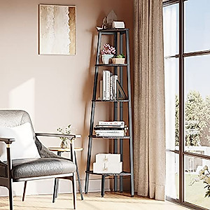 CubiCubi Corner Shelf Stand, Corner Shelves, Industrial Ladder Shelf for Small Space, Metal Corner Book Shelf with Two Hooks,Black Marble