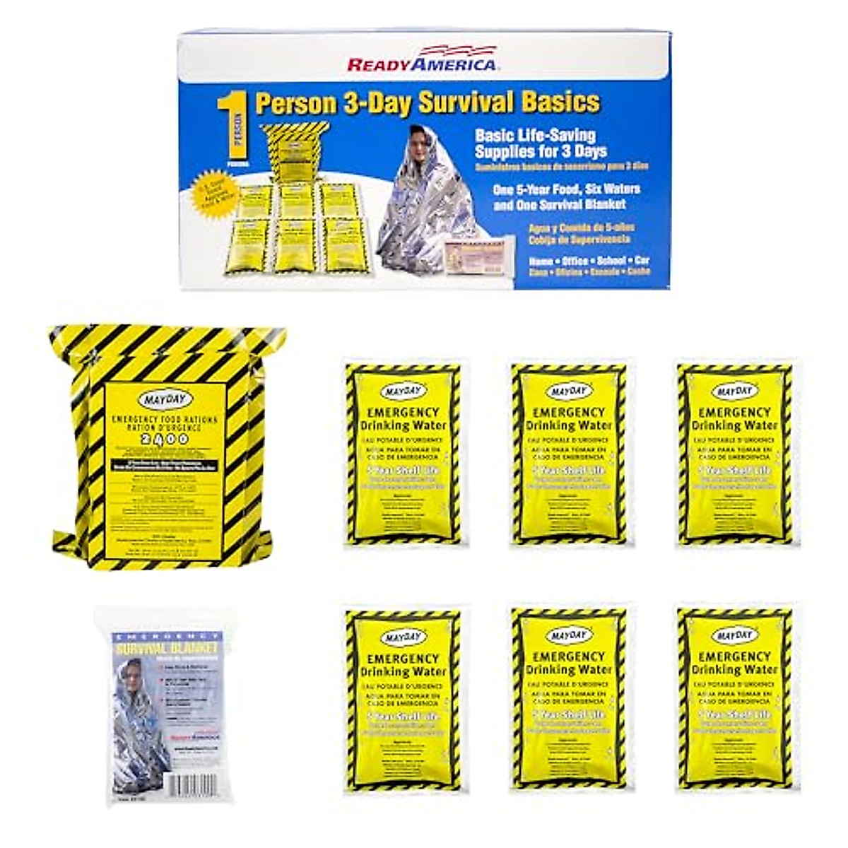 Ready America The Survival Box, 1-Person, 3-Day Emergency Kit Includes 5 Year Emergency Food, Water, Emergency Blanket Portable Disaster Preparedness Go-Bag for Earthquake, Fire, Flood, Hurricane