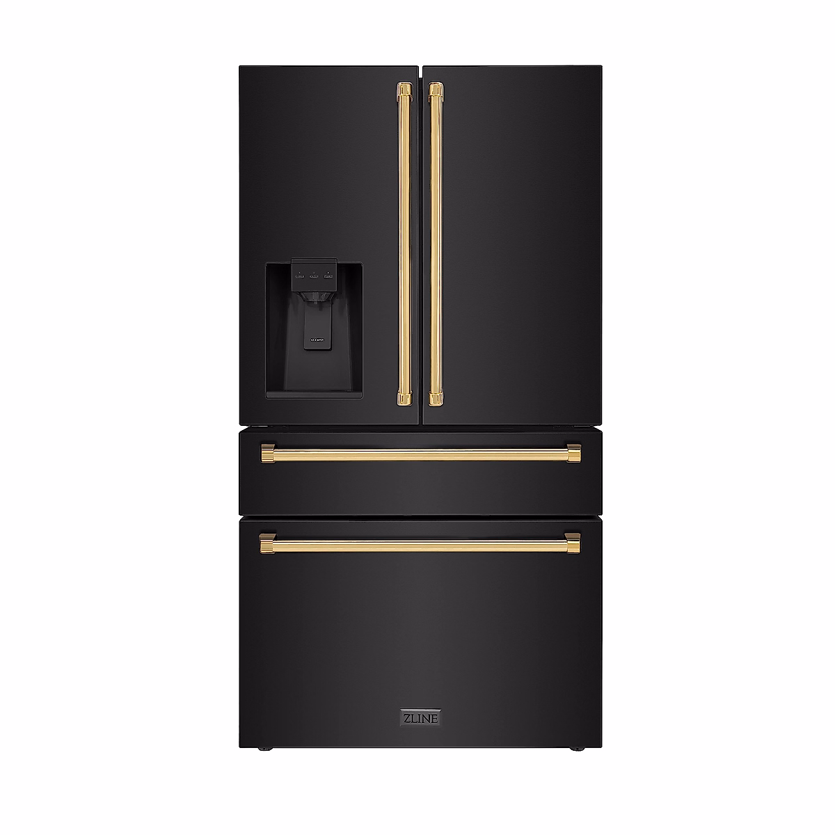 ZLINE 36" Autograph Edition 21.6 cu. ft 4-Door French Door Refrigerator with Water and Ice Dispenser in Fingerprint Resistant Black Stainless Steel with Polished Gold Traditional Handles