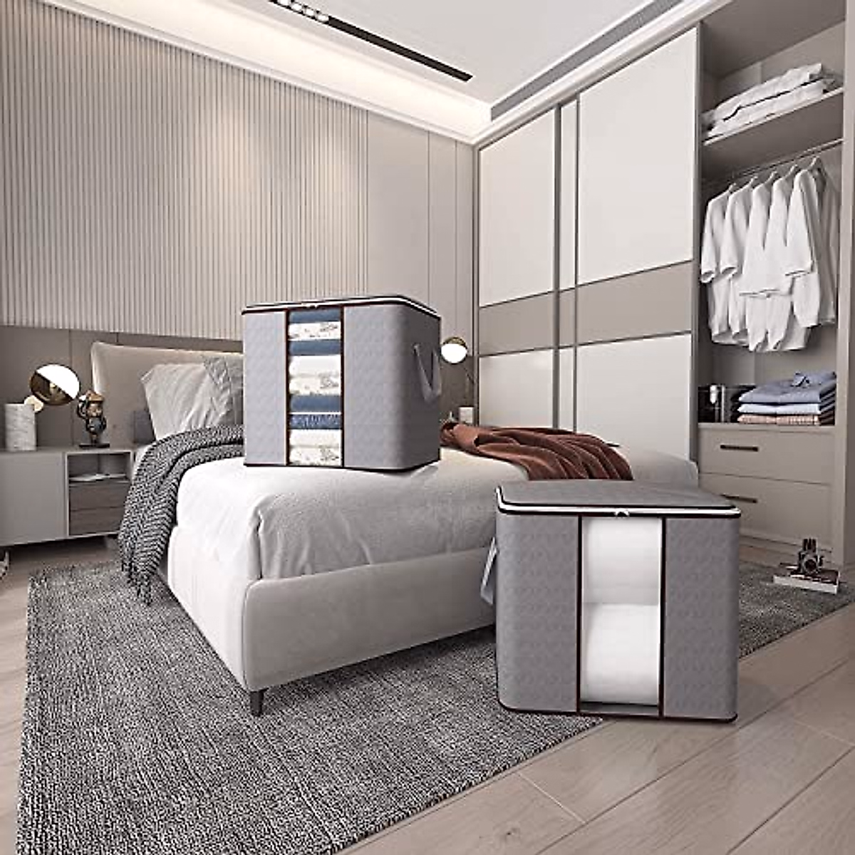 Micilelife Clothes Storage Bag 90L Large Storage Bags Closet Organizers and Storage，3-Pack, Gray,Foldable Organizer, With Clear Window,Suitable for Finishing Of Household ItemsReinforced Thick and Durable Organizer, Suitable for Finishing the Bedrooms,To