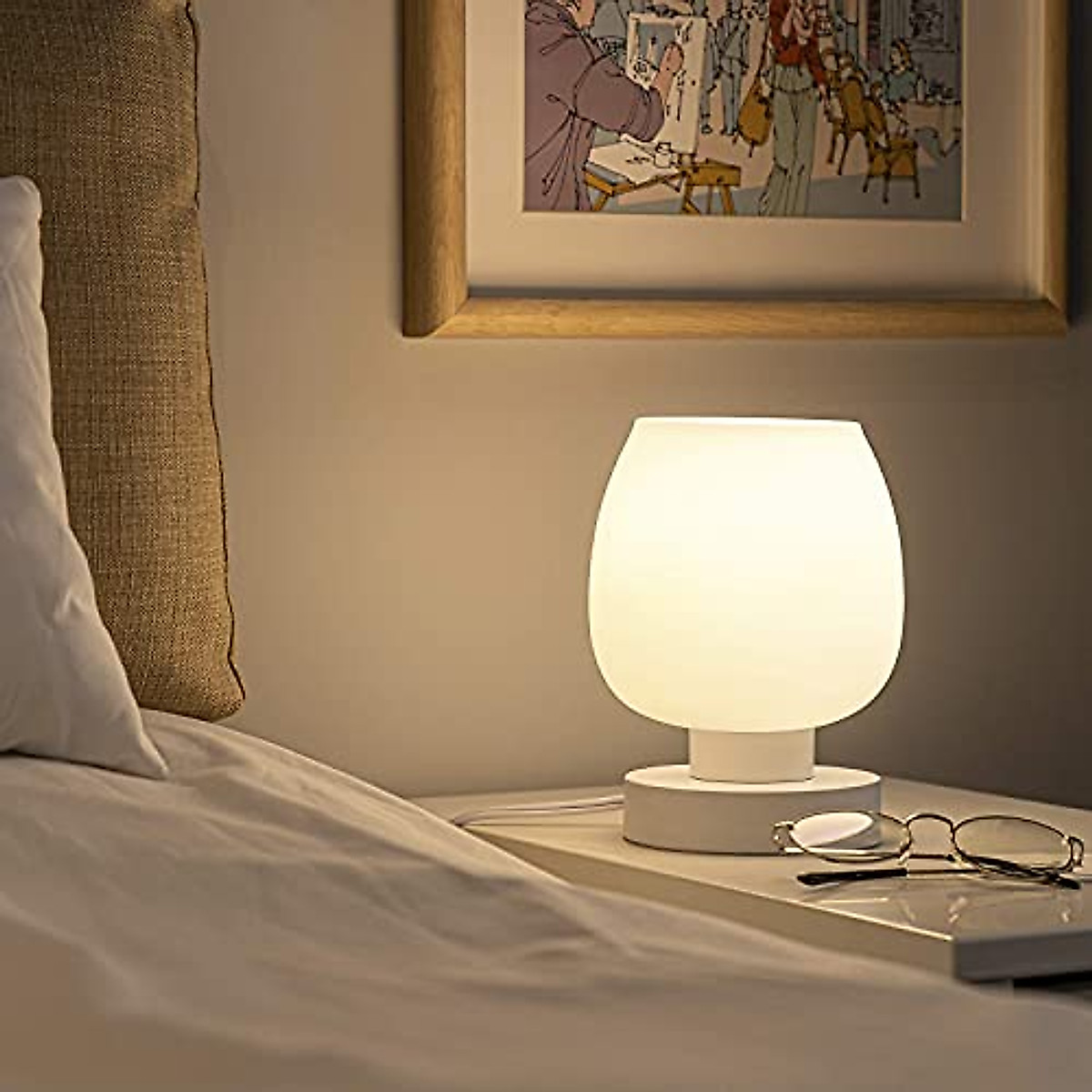 Touch Bedside Table Lamp Set of 2 - Small Modern, 3-Way Dimable Desk lamp with White Opal Glass Lamp Shade, 3000K LED Bulb, Simple Design Home Décor for Bedroom Living Room Nightstand