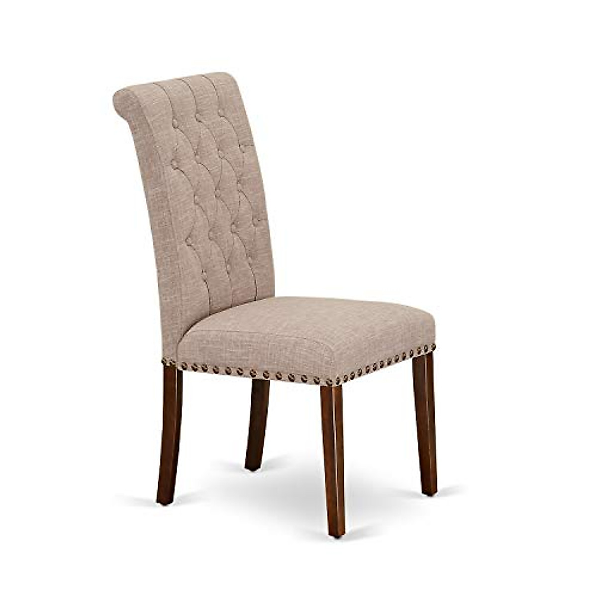 East West Furniture DOBR7-MAH-04 Nook Kitchen Set-Light Fawn Linen Fabric Button-tufted Parsons Chairs-Mahogany Finish 4 legs Hardwood Butterfly Leaf Rectangular Wood Dining Table and Frame, 7-Pc