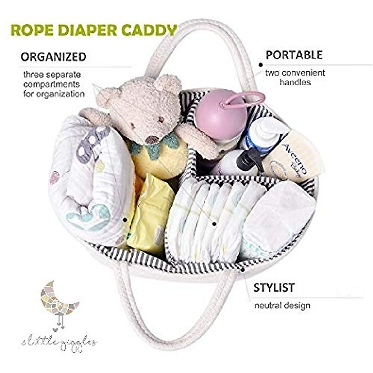 3 LITTLE GIGGLES Baby Diapers Organizer with Removable Storage Divider - Rope Cotton Design, Grey, 15 x 10” - Toy Caddy for Babies