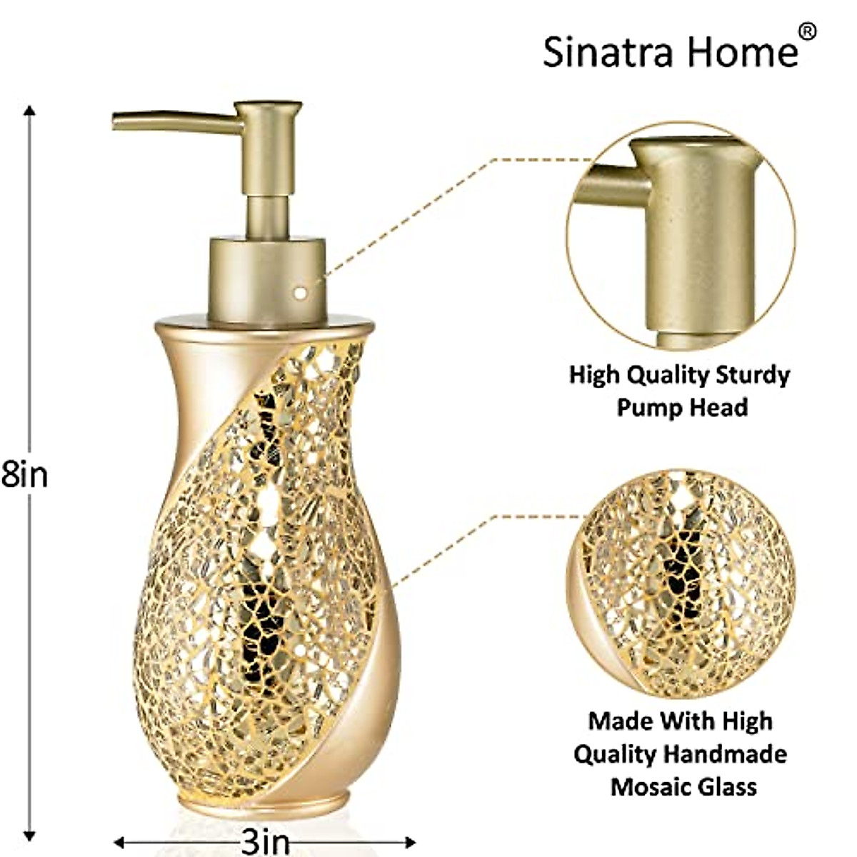 Zahari Home 4pc Sinatra Stylish Bathroom Accessories Set Champagne Gold Soap Dispenser Pump, Tumbler, Tooth Brush Holder and Soap Dish Modern Decor Bling Mosaic Glass Gold Bathroom Accessories