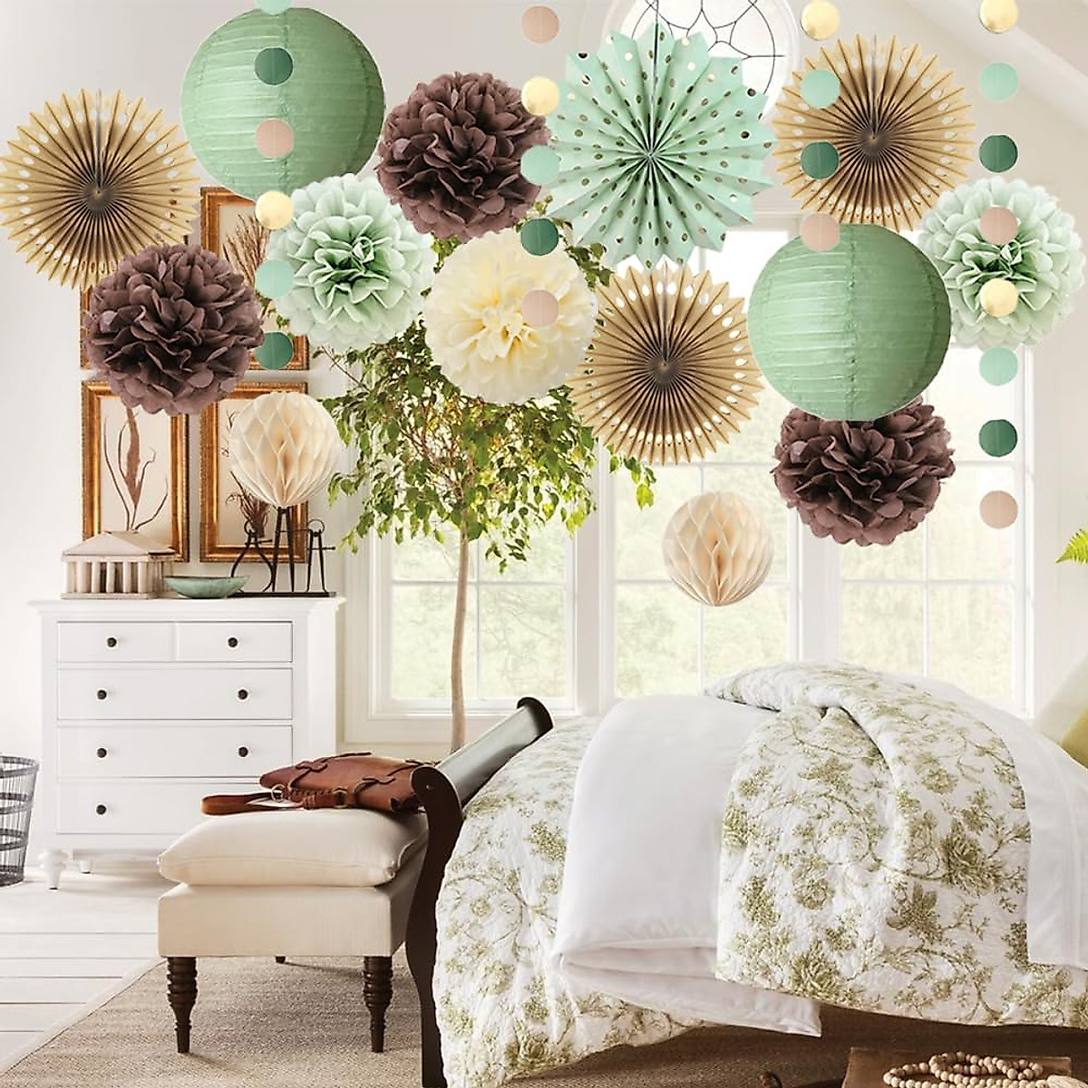 Sage Green and Brown Party Decorations Baby Shower Decorations Sage Green Beige Brown Tissue Paper Pom Poms Lanterns for Sage Green and Brown Birthday Bridal Shower Wedding Room Decor