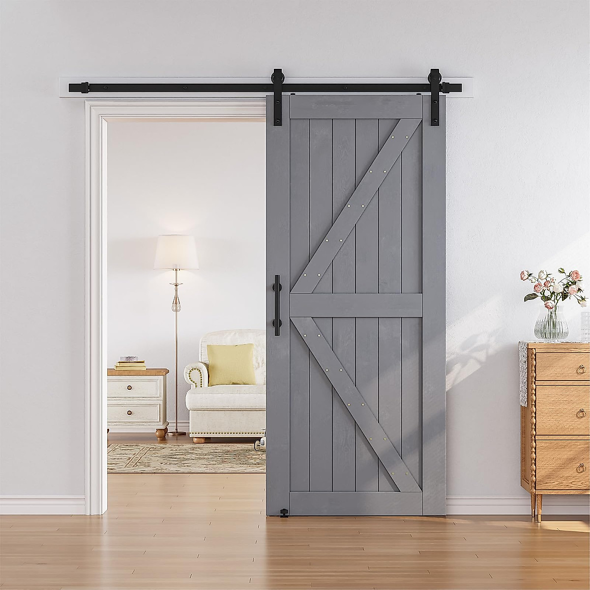 SMARTSTANDARD 36in x 84in Sliding Barn Door with 6.6ft Barn Door Hardware Kit & Handle, Pre-Drilled Ready to Assemble, DIY Unfinished Solid Spruce Wood Panelled Slab, K-Frame, Grey