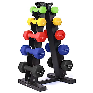Fitness Republic Solid Steel Dumbbell Rack Holder, A-Frame Dumbbell Storage Racks, dumbbells tower for home gym exercise, Neoprene Dumbbells Pairs (3lb, 5lb, 8lb, 10lb, 12lb) with 5 Tier Rack Combo