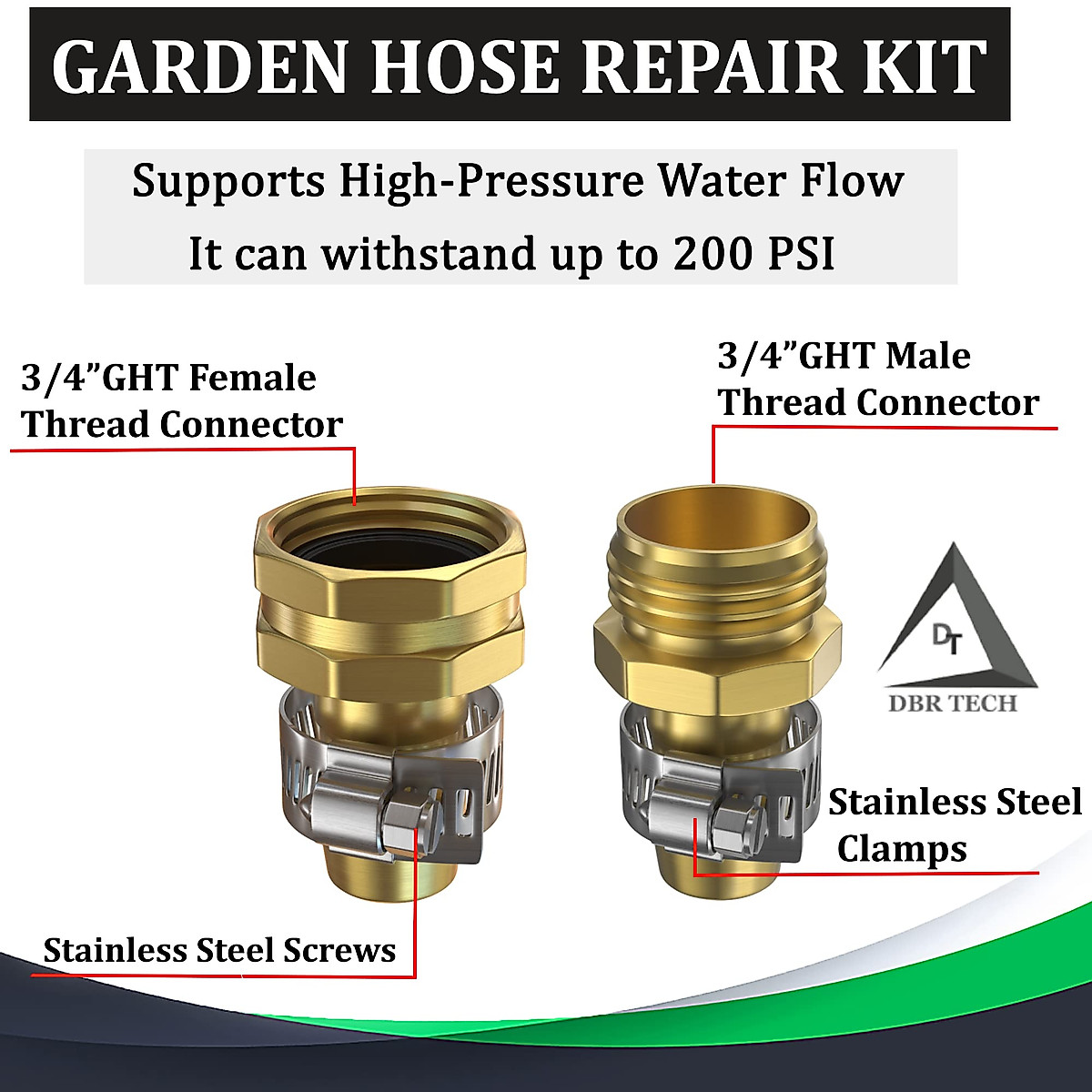 Heavy Duty Hose Repair Kit, 3/4 Inch Male Female Water Hose Repair End, Solid Metal Replacement Fittings, Fix Kit with Clamps Fit for 3/4" Gardening Hoses, Rust-Resistant Finish, Zero Leaks, 2 Pack