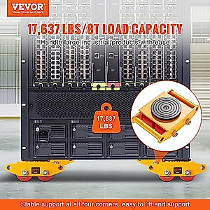 VEVOR 4pcs Machinery Mover, 8T Machinery Skate Dolly, 17637lbs Machinery Moving Skate, Machinery Mover Skate w/ 360° Rotation Cap and 4 Rollers, Heavy Duty Industrial Moving Equipment, Yellow