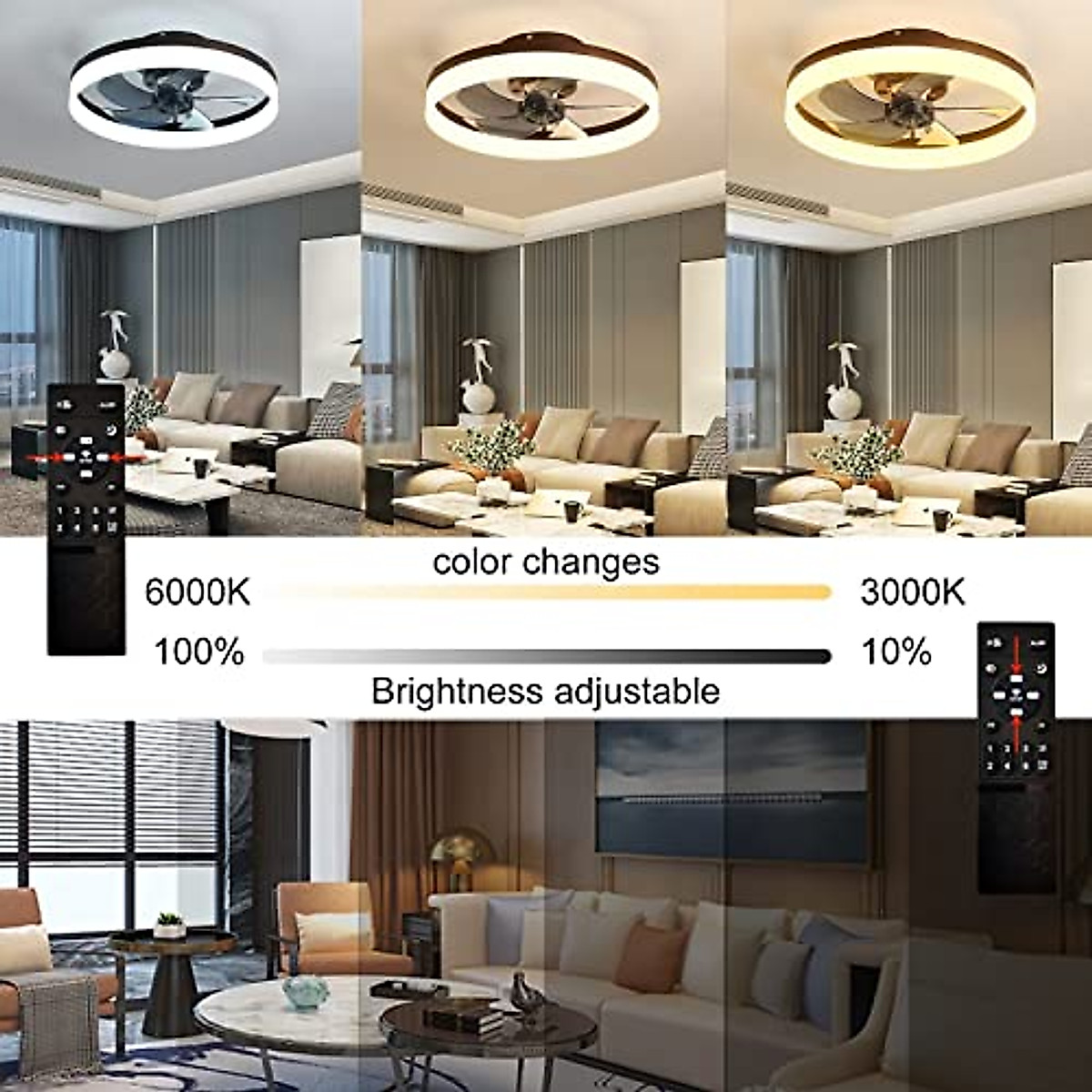PIPRE 20'' Modern Low Profile Ceiling Fan with Light, Dimmable Low Profile Ceiling Fans with,Smart 3 Light Color Change and 6 Speeds - Black