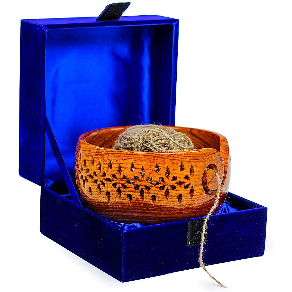 Nagina International Velvety Premium Selected Rosewood Yarn Storage Bowl Aka Dispenser for Knitting & Crocheting in Secured Velvet Pouched Case (Large)