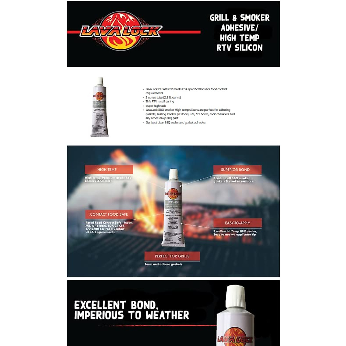 LavaLock® Food Safe BBQ Grade Adhesive Grill Smoker High Temp RTV Silicon - Clear 3 Ounce