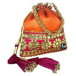 Bombay Haat Ethnic Indian Designer Silk Potli Bag Purse Evening Bag Clutch Purse for Wedding Party Cocktail Prom Gifting (Orange)