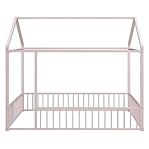 HBRR Full Size Montessori House Bed for Kids, Metal Floor Beds with Fence Railings & Roof, Full Playhouse Bed for Boys Girls, Box Spring Needed, Pink