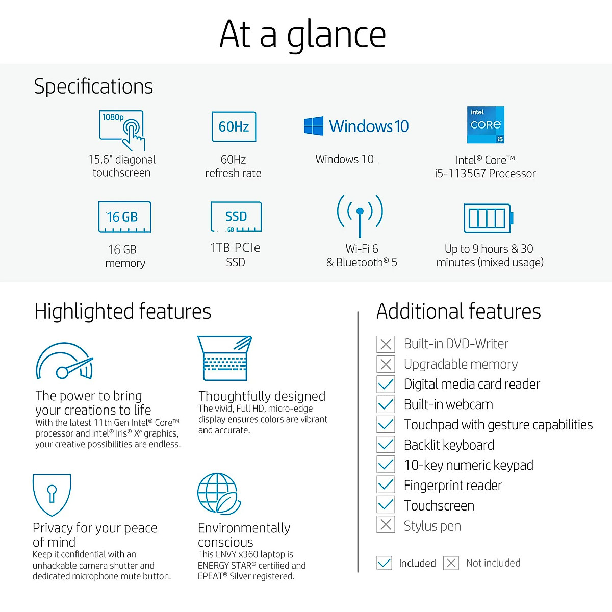 HP Envy 2-in-1 15.6" FHD Touch x360 Laptop - Intel Core i5-1135G7 - Intel Iris Xe Graphics - Windows 10-16GB RAM - 1TB SSD - Fingerprint Reader - w/HDMI Cable