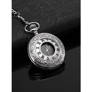 Hicarer Vintage Pocket Watch Steel Men Watch with Chain (Silver)
