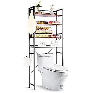 Devo Over The Toilet Storage, 4-Tier Bathroom Organizer, Wooden Bathroom Storage Shelf, with 8 Hooks and Toilet Paper Hook for Laundry, Balcony, Porch, Kitchen (Rustic Brown 2)