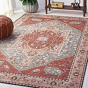 SAFAVIEH Tucson Collection Machine Washable Slip Resistant 8' x 10' Aqua / Rust TSN150J Traditional Vintage Persian Medallion Living Room Dining Bedroom Area Rug