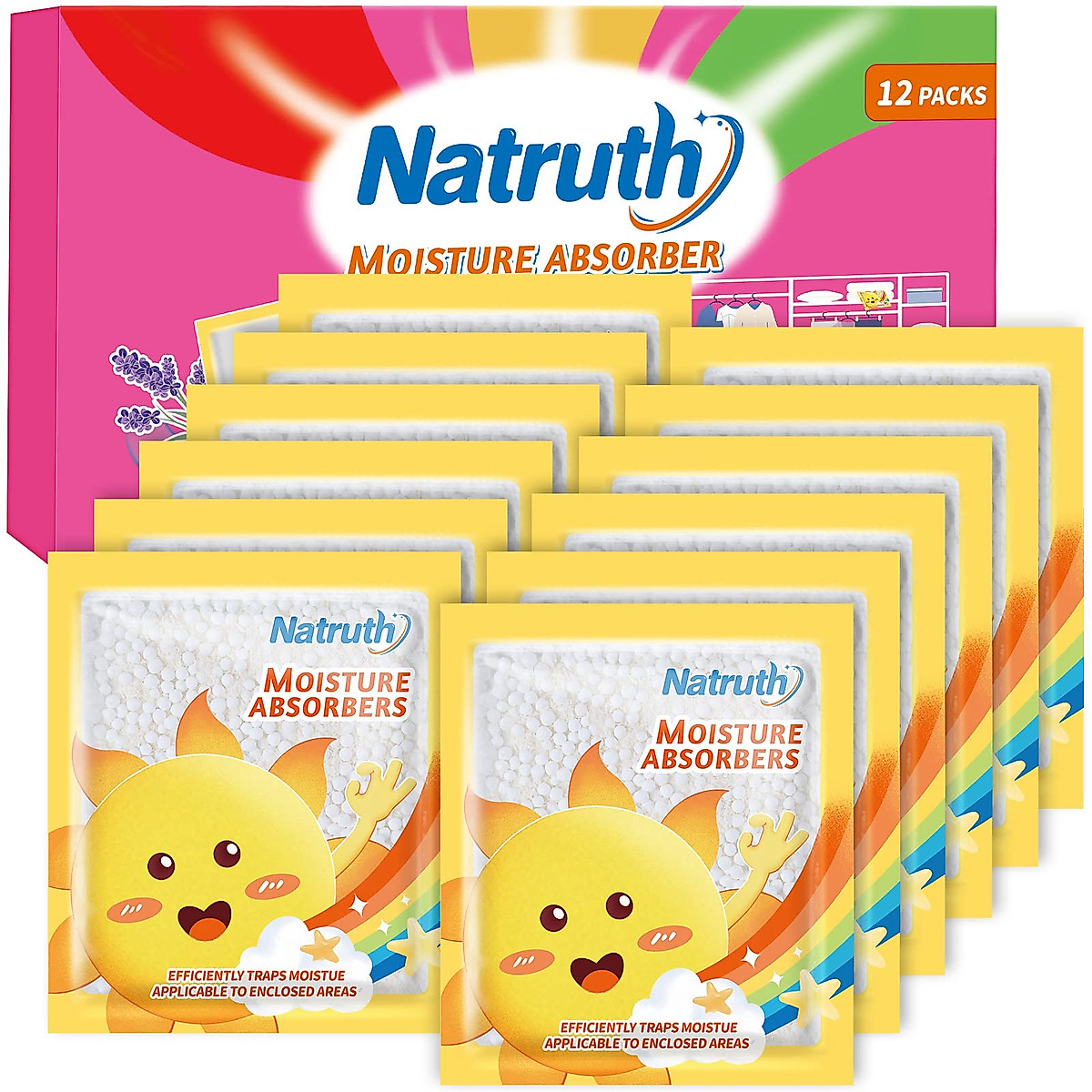 NATRUTH 12-PACK Moisture Absorber Bags with Lavender, Drawer Dehumidifier Home Desiccant Small Bag Use for medicine boxes, underwear boxes, Eliminates Odors, Closet Dehumidifier Bags for Small spaces