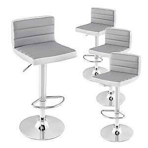 COSTWAY Adjustable Bar Stools Set of 4, Modern Swivel PU Leather Bar Chairs with Back, Footrest, Counter Height Upholstered Barstools for Kitchen Island Dining Living Room Bistro Pub Cafe, Grey+White