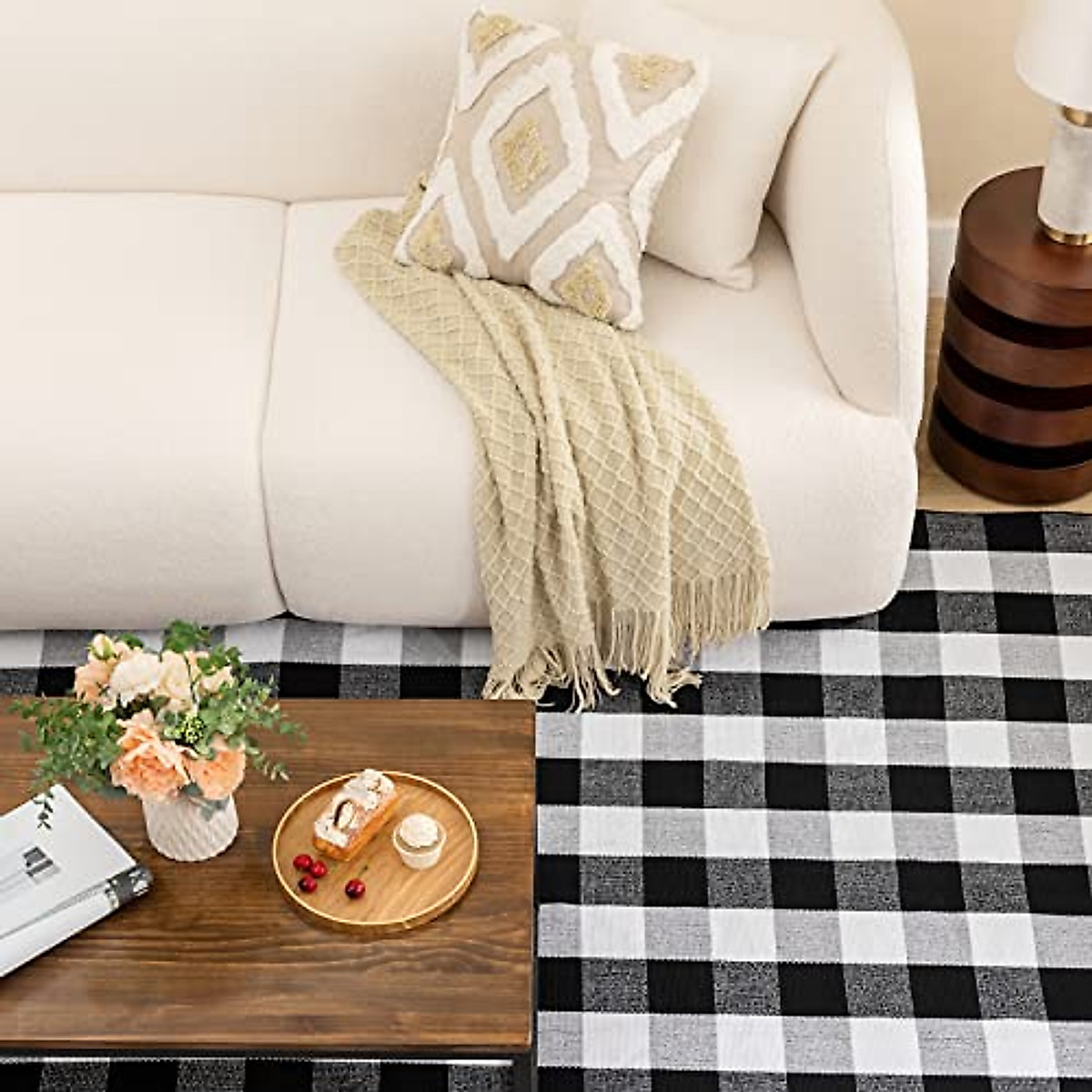 joybest Buffalo Plaid Rug 5 x 7 ft Black and White Checkered Area Rug Cotton Hand-Woven Indoor Outdoor Rugs Carpet for Patio, Living Room, Dining Room, Bedroom