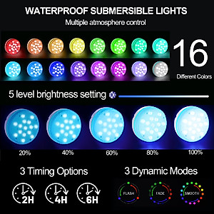 Pool Lights, Submersible LED Lights with Magnet and Suction Cups, with Remote IP68 Waterproof 16 Colors Hot Tub Underwater 15 LED Pool Lights for Above Ground Inground Pool, Bath, Party, Vase (4pack)