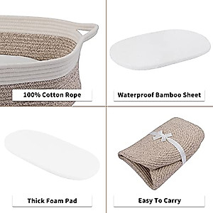 Baby Changing Basket - Moses Basket Boho Nursery Decor Cotton Rope Changing Table Topper with Thick Cotton Foam Pad and Removable Waterproof Bamboo Mattress Cover