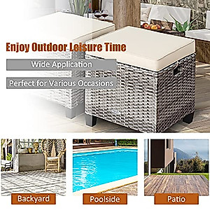 Tangkula 2 Pieces Patio Rattan Ottomans, Outdoor Wicker Footstool Footrest Seat with Soft Cushions and Steel Frame, All-Weather Patio Ottoman Set for Backyard Garden Poolside (White)