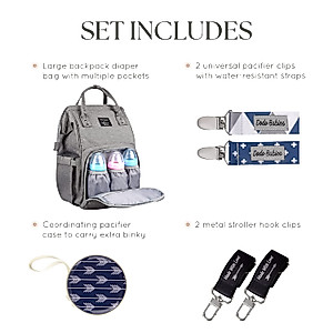 Dodo Babies Diaper Bag Backpack Set - Insulated & Waterproof Pockets - Plus Two Pacifier Clips, Binky Case & Stroller Straps (Blue/Grey)