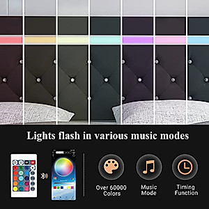 Benevika Queen Size Bed Frame with LED Light Leather Platform Bed Frame with Adjustable Upholstered Headboard, Over 60000 Colors, APP Control LED Lights, No Box Spring Needed, Black