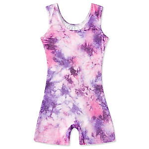 Funnycokid Gymnastics Leotards for Girls Purple Tie Dye Outfits Sparkly Biketards with Shorts Sleeveless Unitards 7-8 Years