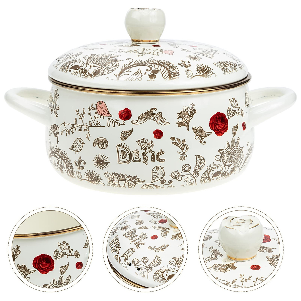 Yardwe Flower Enamel Stock Pot with Lid Cooking Pot Non Stick Soup Pot Casserole Pot Pasta Pot Sauce Pot with Handle for Kitchen 18cm