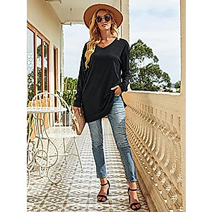 XUERRY Womens Casual V-NECK Long Sleeves Pocket Solid Color Sweatshirt Tunics Blouse Tops (X9009Black,L)