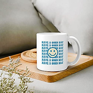 OGILRE Trendy Preppy Smiley Face Ceramic Double Side Printed Mug Cup,Inspirational Quote Have A Good Day Blue Preppy Coffee Milk Tea Mug Cup,Gifts For Teen Girls Teenage Girls - 11 oz