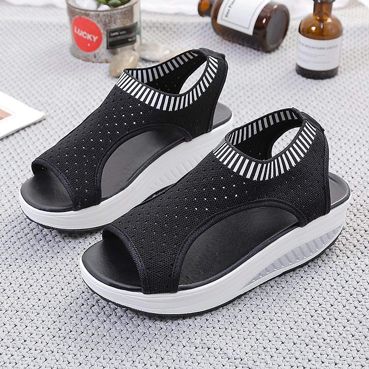 Women Casual Wedge Sandals Hook Loop Non Slip Thick Bottom Peep Toe Platform Chunky Sandal Shoes