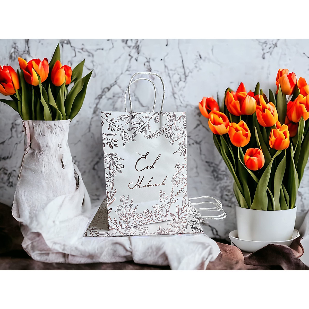 12 PCS Eid Mubarak Paper Gift Bags Ramadan Medium Treat Box for Eid party, Muslim Party, Eid Decoration, Eid Gift Wrapping (20.7cm x 11.5cm x 27.7cm)